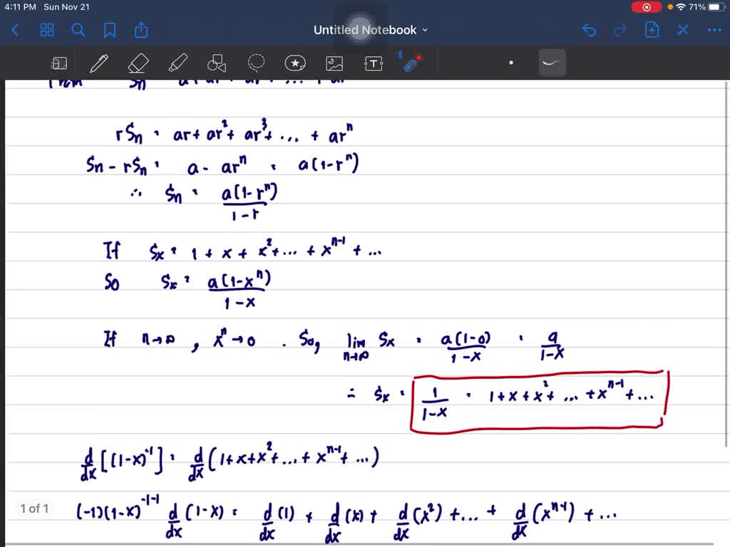SOLVED: Show that the formal series expansion (1)/(1-x)=1+x+x^2+x^3+⋯is correct. Show the formal ...