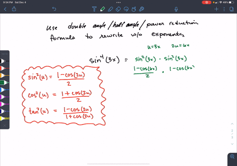 SOLVED:Use a double angle, half angle, or power reduction formula to ...