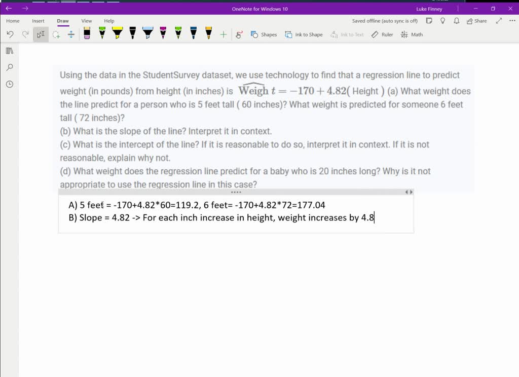 Height and Weight Using the data in the StudentSurvey dataset, we use ...