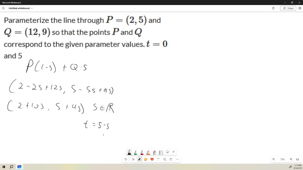 Parameterize the line through P=(2,5) and Q=(12,9) so that the points P and Q correspond to the ...