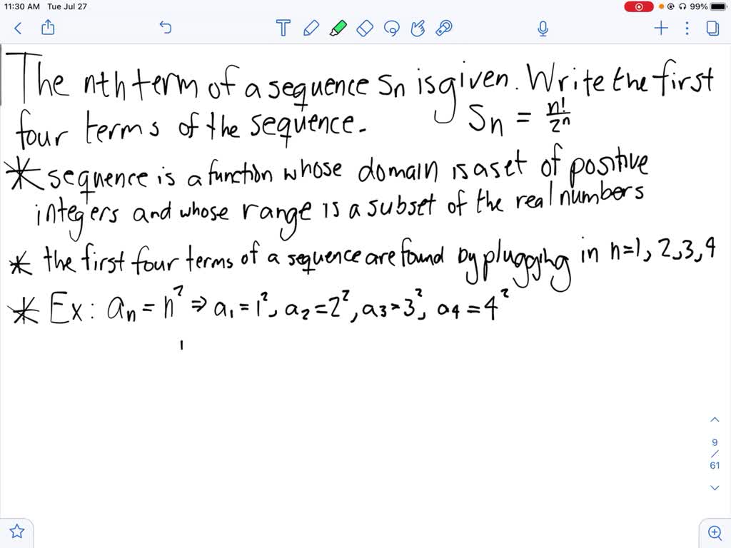 SOLVED:The nth term of a sequence {sn} is given. Write the first four terms of each sequence. sn ...