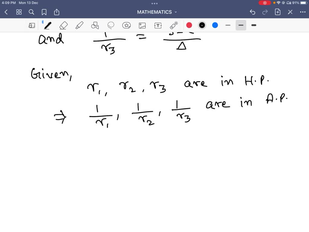 SOLVED:The ex-radii r1, r2, r3 of ΔA B C are in H.P. Show that its ...
