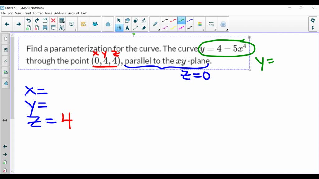 SOLVED:Find a parameterization for the curve. The curve y=4-5 x^4 through the point (0,4,4 ...