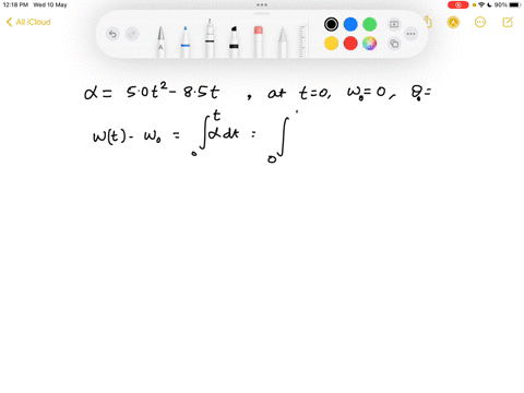 SOLVED:(II) The angular acceleration of a wheel, as a function of time, is α=5.0 t^2-8.5 t ...