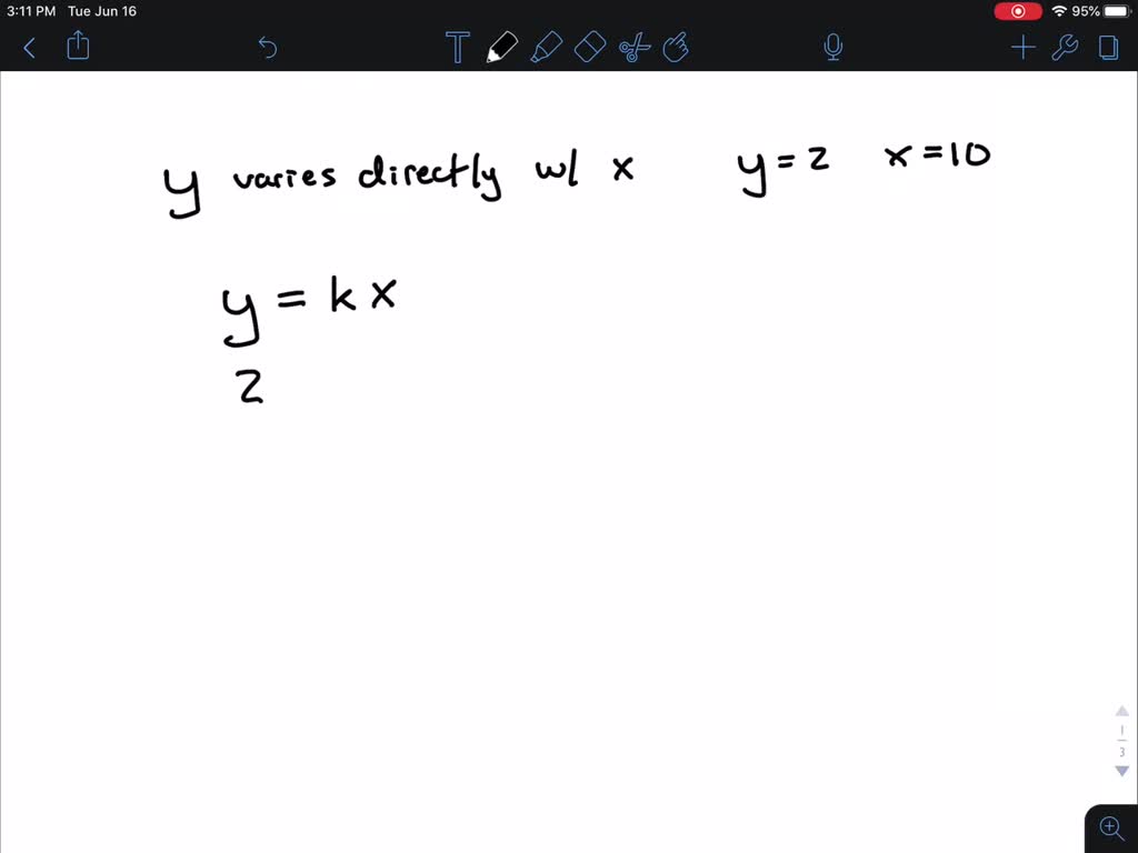 SOLVED:Write a general formula to describe each variation. y varies directly with x ; y=2 when x=10