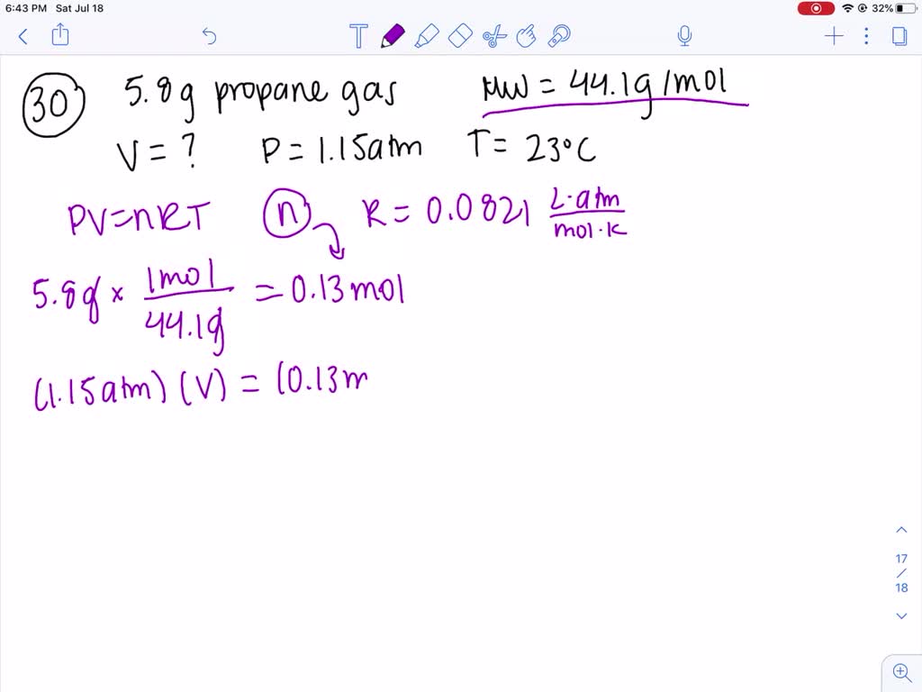 SOLVED What Volume Occupied By 5 8 G Of Propane Gas CgHg At 239C And