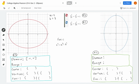 SOLVED:For each ellipse, give the domain, range, center, vertices, and ...