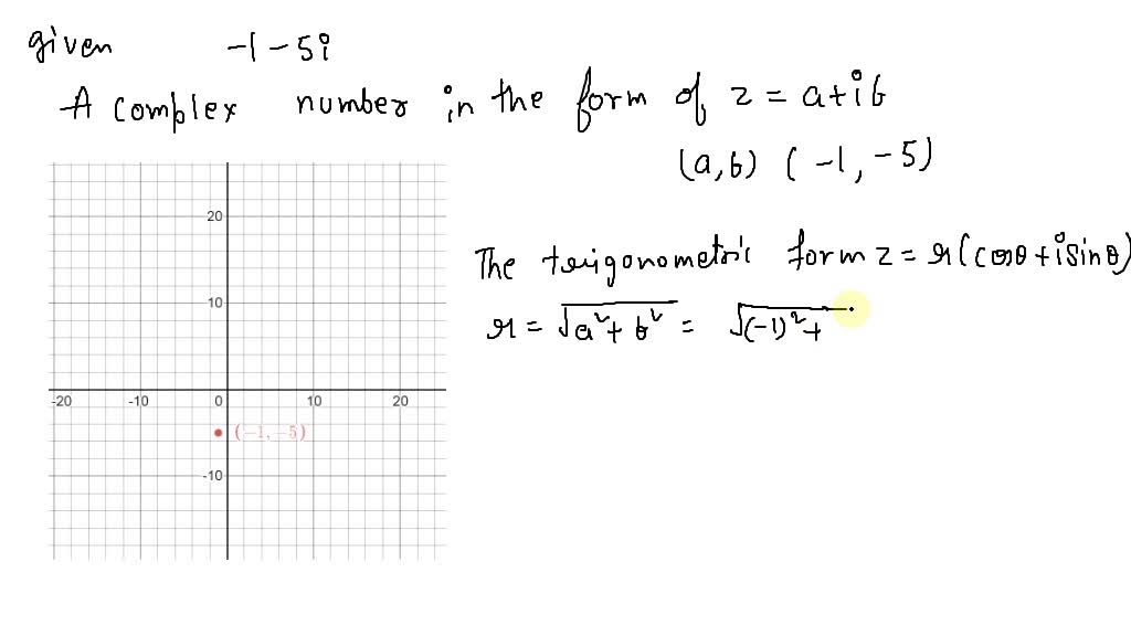 Represent the complex number graphically, and find the trigonometric form of the number. -1-5 i ...