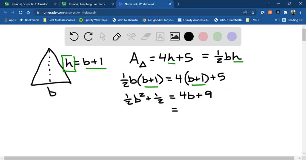 SOLVED: The height of a triangle is 1 unit more than the length of its base. If the area is 5 ...