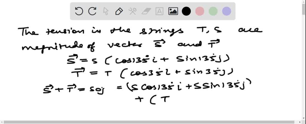 A 50 N weight is suspended by two strings as shown. Find the tensions 𝐓 and 𝐒 in the strings ...