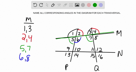 SOLVED:Name all the angle pairs of each type in the diagram. Identify the transversal for each ...