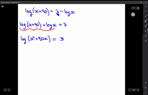 ⏩SOLVED:Solve each logarithmic equation. log(x+90)=3-logx | Numerade