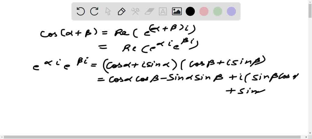 ⏩SOLVED: Use e^i θ to prove that cos(α+β)=cosαcosβ-sinαsinβ. | Numerade