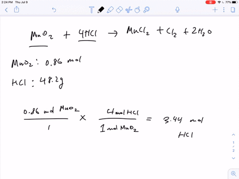 SOLVED: Considere la reacción MnO2+4 HCl MnCl2+Cl 2+2 H2 O Si ...
