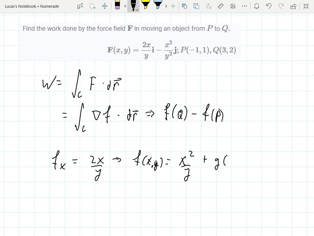 SOLVED:Find the work done by the force field 𝐅 in moving an object from P to Q. 𝐅(x, y)=x^3 𝐢+y ...