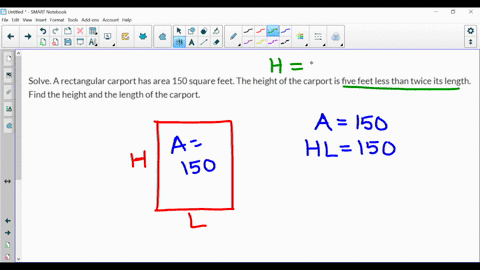 SOLVED: Solve. A rectangular carport has area 150 square feet. The ...