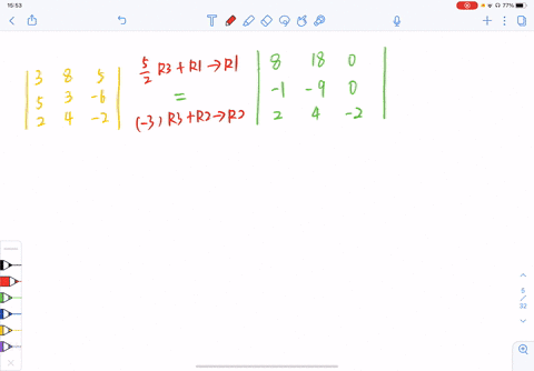 SOLVED:Find the determinant of the matrix after introducing zeros, as in Example 1 [ 3 8 5 5 3 ...