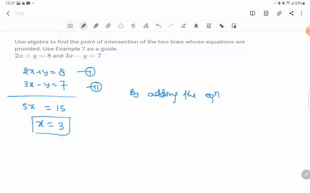 SOLVED:Use algebra to find the point of intersection of the two lines ...