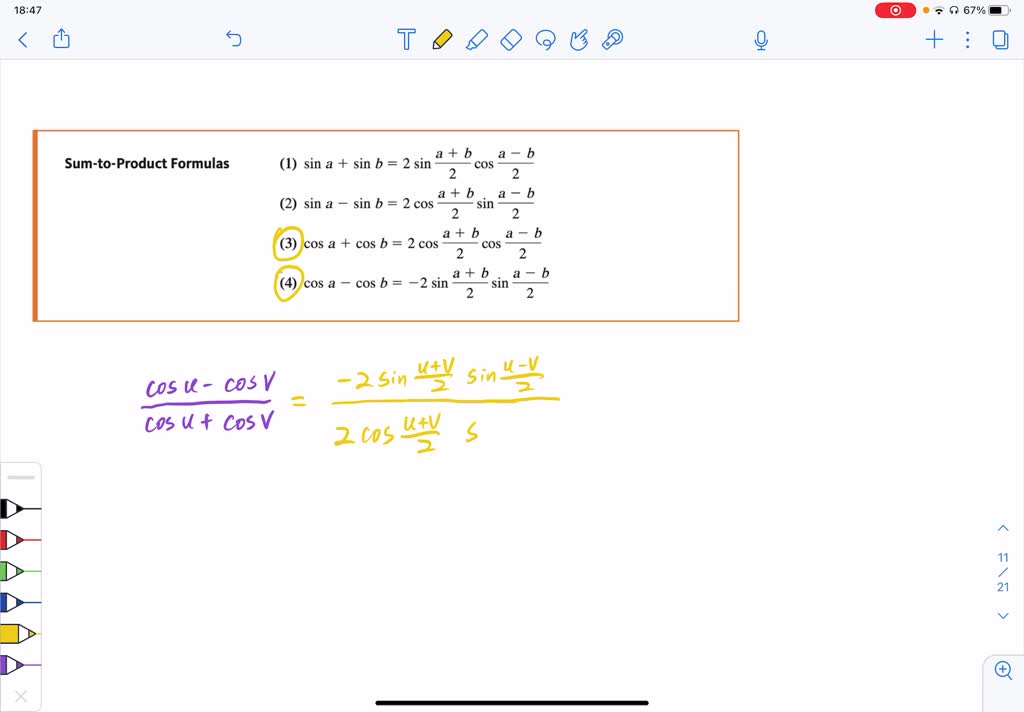 SOLVED:Verify the identity. (cosu-cosv)/(cosu+cosv)=-tan(1)/(2)(u+v ...