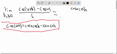 SOLVED:Proof of (d)/(d x)(cosx)=-sinx Use the definition of the ...