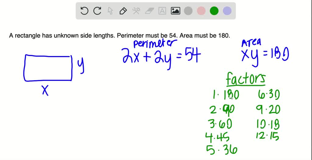 SOLVED:Write a system of equations and solve. The area of a rectangular bulletin board is 180 in ...