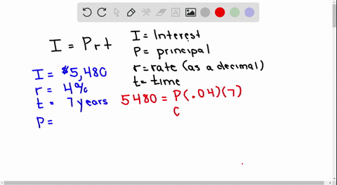 SOLVED:Use the formula I=P r t. Solve for the principal, P for@ I ...