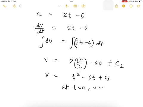 Starting from rest, a particle moving in a straight line has an acceleration of a=(2 t-6) m / s ...