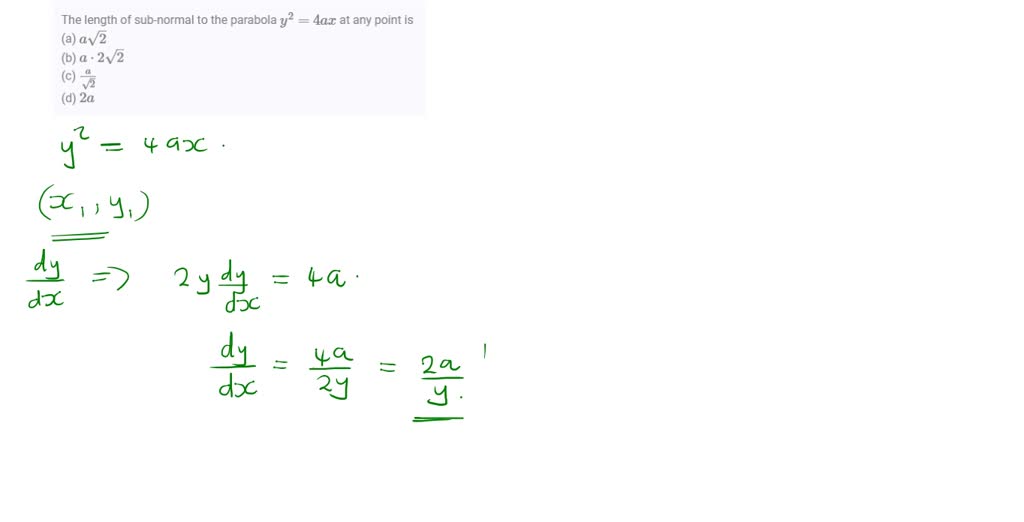 The length of sub-normal to the parabola y^2=4 a x at any point is (a ...