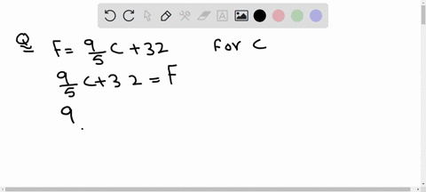 SOLVED:F=(9)/(5) C+32 for C (Celsius to Fahrenheit)