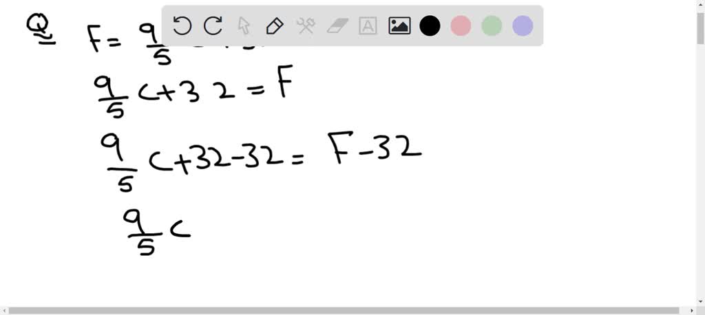 SOLVED:F=(9)/(5) C+32 for C (Celsius to Fahrenheit)