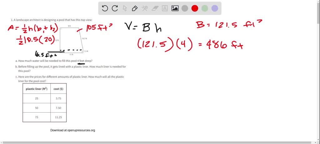 SOLVED:A landscape architect is designing a pool that has this top view: a. How much water will ...