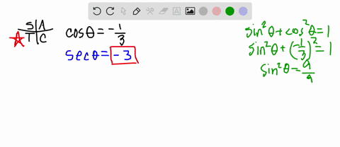 SOLVED: If cos(θ)=-(1)/(3), and θis in quadrant III, find sin(θ), sec(θ), csc(θ), tan(θ), cot(θ ...
