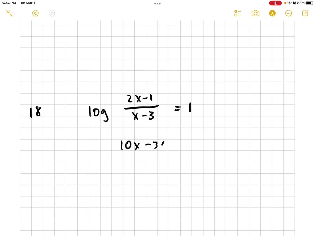SOLVED:Solve each logarithmic equation. log(2 x-1)-log(x-3)=1 SOLVED:Solve each logarithmic equation. log(2 x-1)-log(x-3)=1