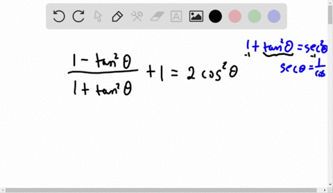 SOLVED:Establish each identity. (1-tan^2 θ)/(1+tan^2 θ)+1=2 cos^2 θ