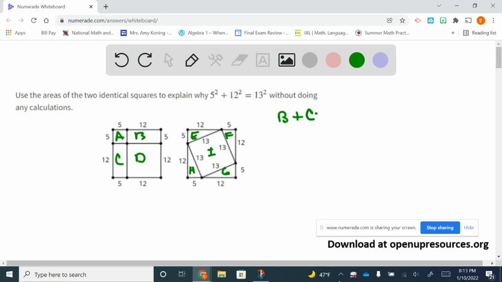 SOLVED:Use the areas of the two identical squares to explain why 5^2+12^2=13^2 without doing any ...