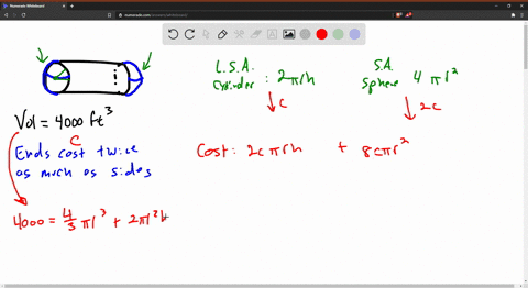 SOLVED:Minimum Surface Area A solid is formed by adjoining two hemispheres to the ends of a ...