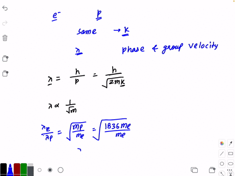 An electron and a proton have the same velocity, Compare the wavelengths and the phase and group ...