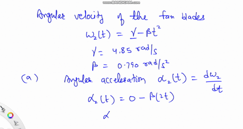 SOLVED: A fan blade rotates with angular velocity given by ωz(t)=γ-βt^2 ...