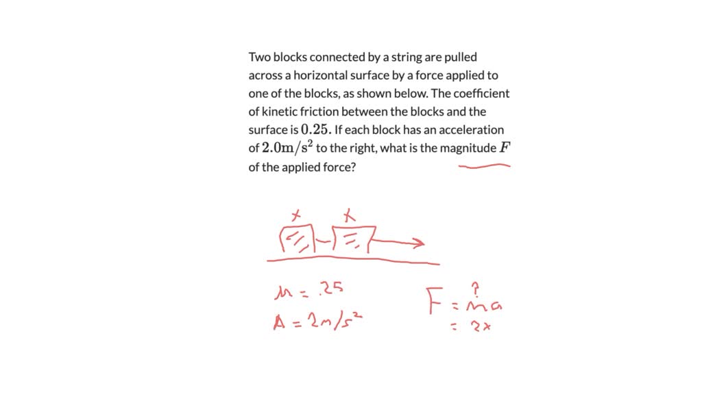 Two blocks connected by a string are pulled across a horizontal surface by a force applied to ...