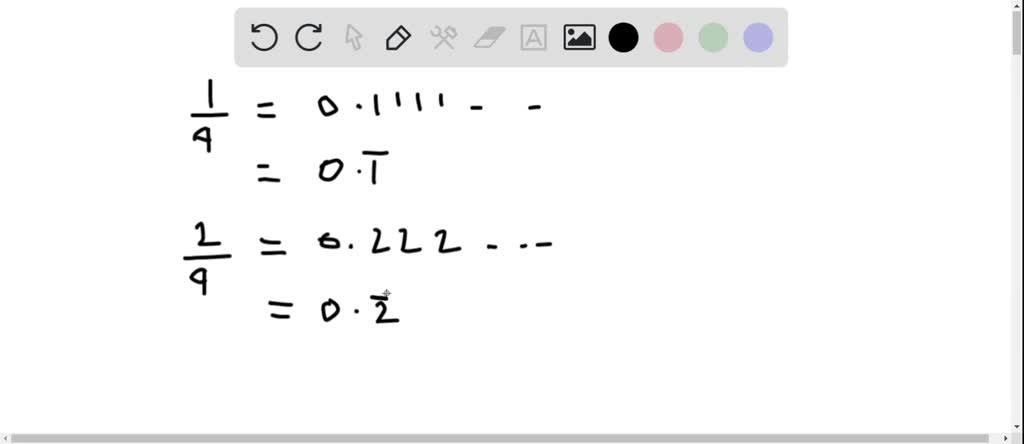 SOLVED:Express 1/ 9 as a repeating decimal, using a bar to indicate the repeating digits. What ...