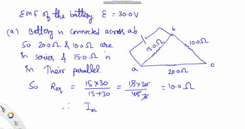A triangular array of resistors is shown in Fig. E26.5. What current ...