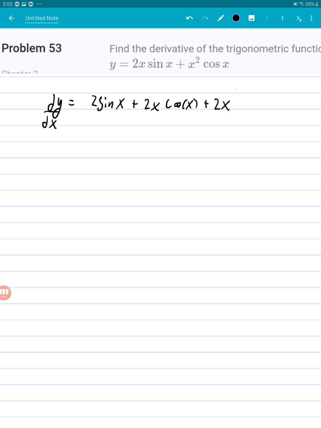 SOLVED Find The Derivative Of The Trigonometric Function Y 2 X Sinx x