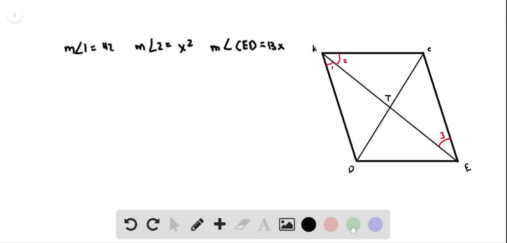 SOLVED:Quad. DECK is a parallelogram. Complete. If m ∠1=42, m ∠2=x^2 ...