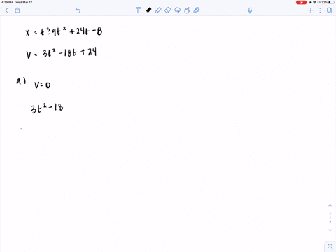 The motion of a particle is defined by the relation x=t^3-9 t^2+ 24 t-8, where x and t are ...