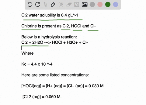 SOLVED:The solubility of Cl2(g) in water is 6.4 g L^-1 at 25^∘ C Some ...