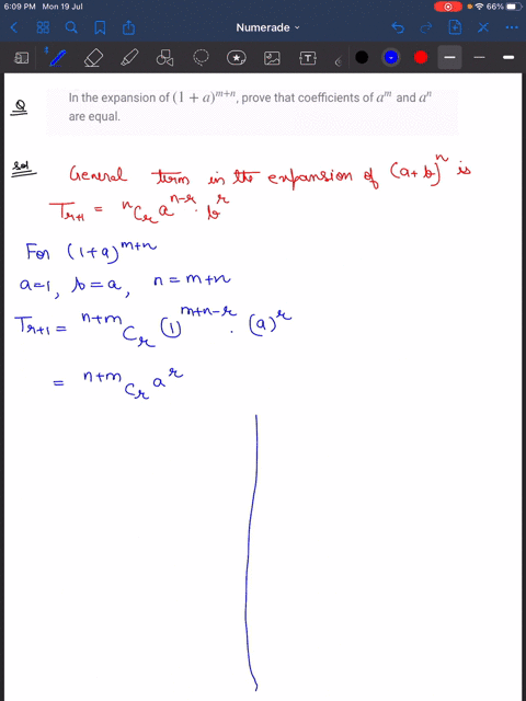 SOLVED:In the expansion of (1+a)^m+n, prove that coefficients of a^m ...