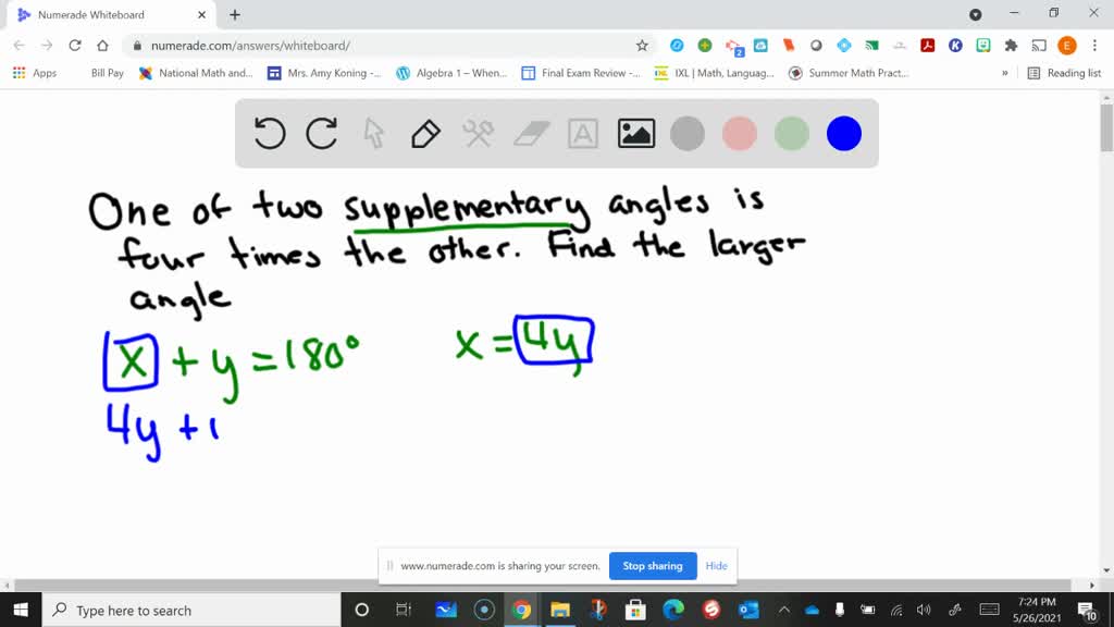 SOLVED:One of two supplementary angles is four times the other. Find ...