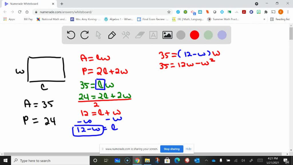 ⏩SOLVED:The area of a rectangle with length l and width w is… | Numerade