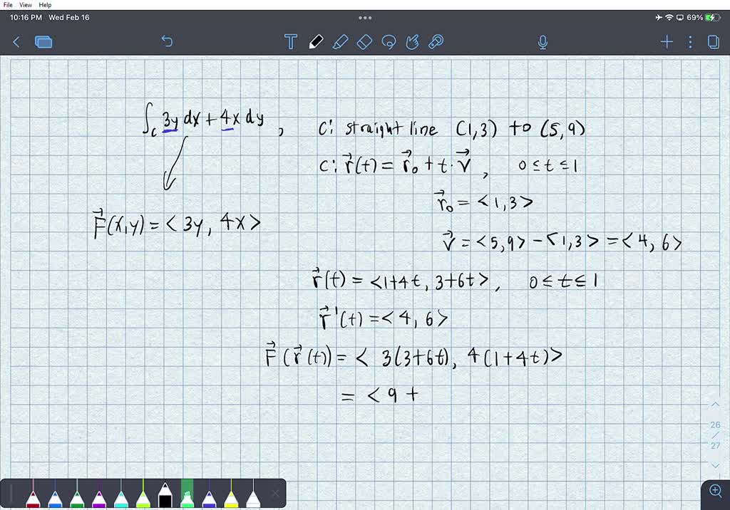 SOLVED:Evaluate the line integrals. ∫C 3 y d x+4 x d y where C is the straight-line path from (1 ...
