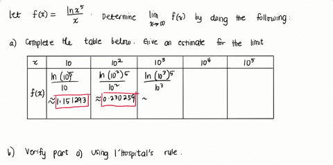 SOLVED:(a) complete the table and estimate the limit. (b) Use l'Hospital's Rule to confirm your ...